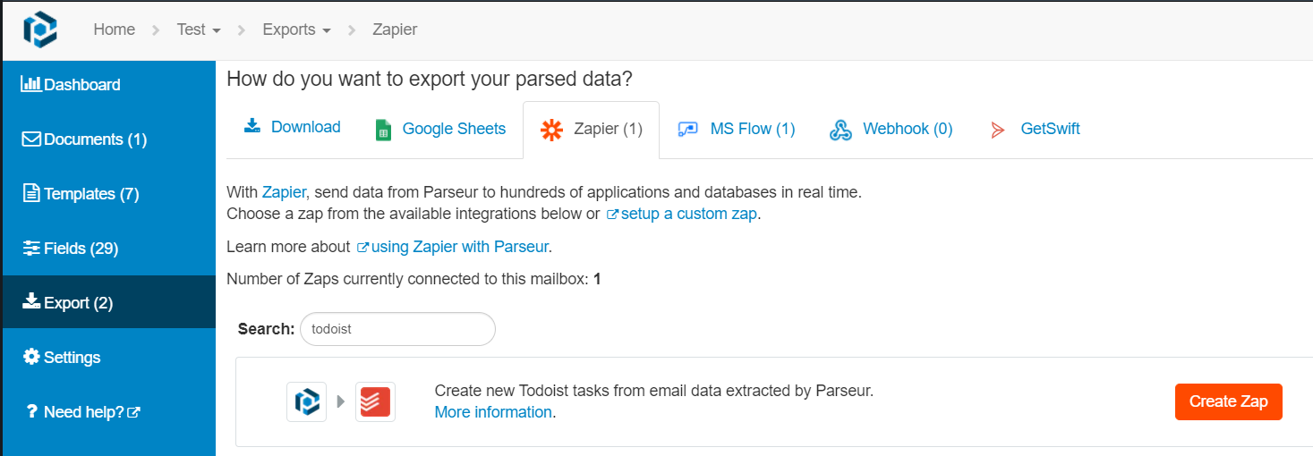 Create Todoist tasks from parsed email data | Parseur®