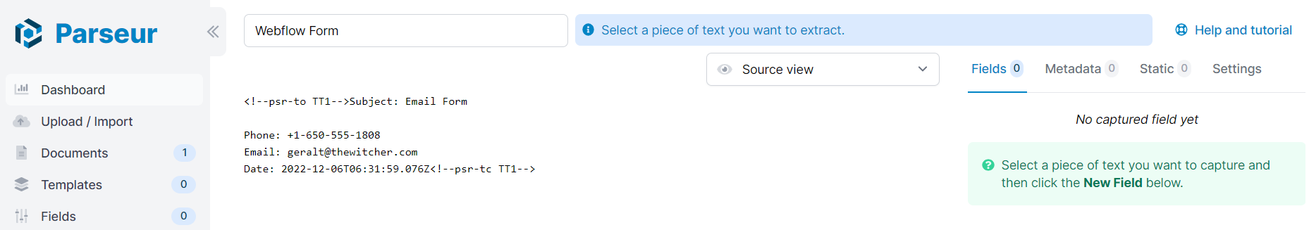 Create a document from a form submission in Webflow | Parseur®